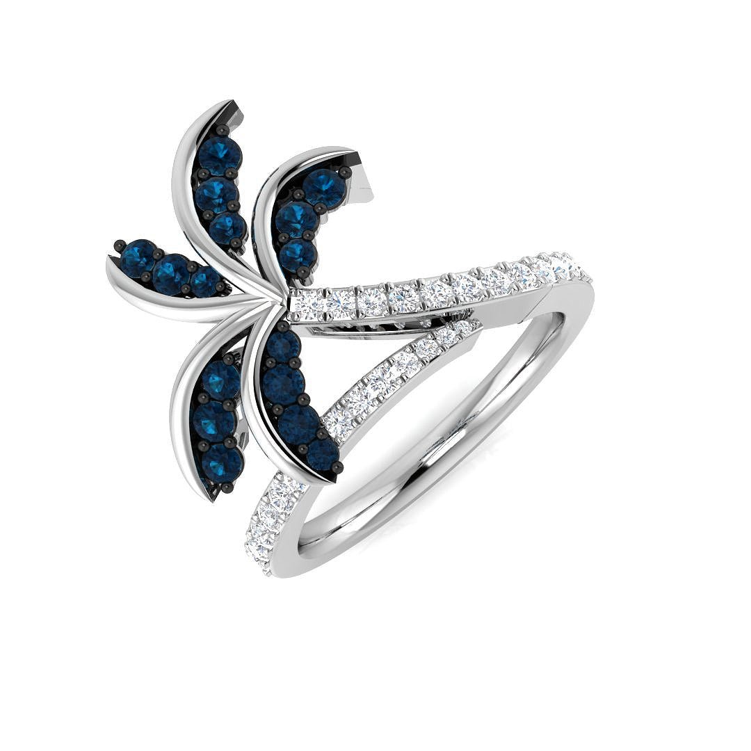 14K Gold Palm Tree Diamond Ring (Blue Diamonds 0.32 cts., White Diamon ...